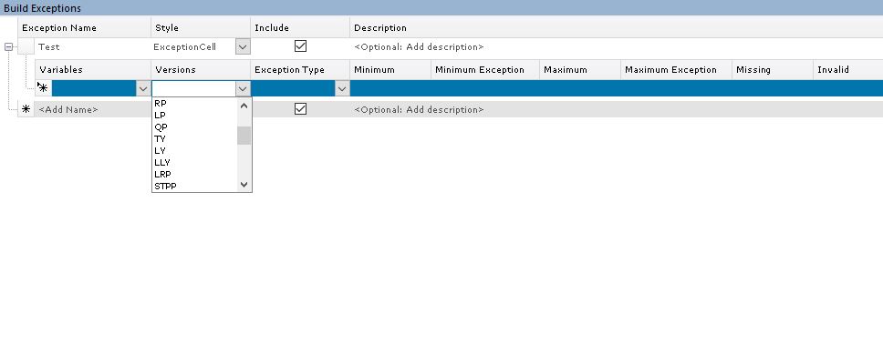 Why are there missing versions in the Build Exception Pane?